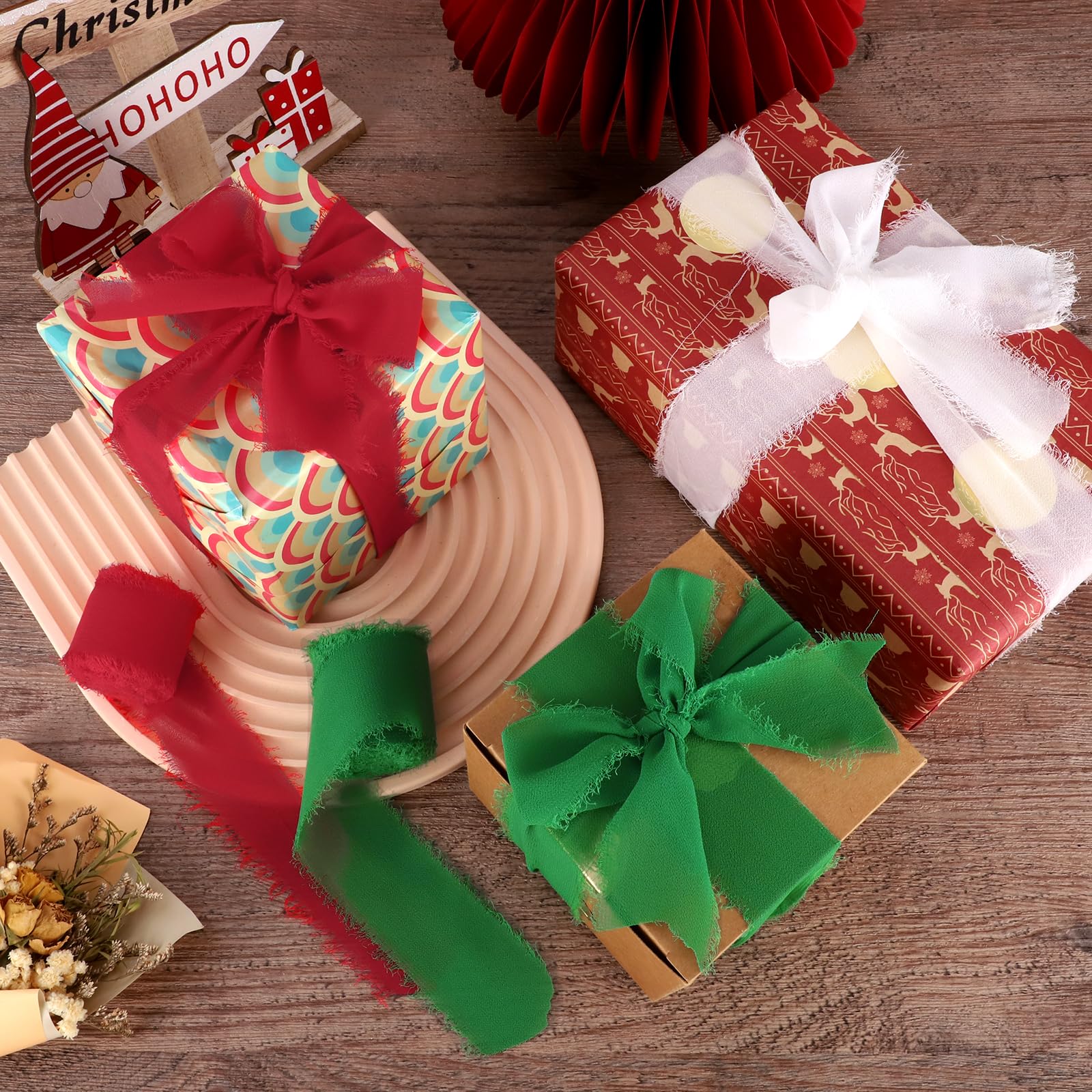 4 Rolls Christmas Ribbons, 1.5" x 32Yds Chiffon Ribbons Handmade Fringe Christmas Chiffon Ribbons for Christmas Gift Wrapping Party DIY Crafts