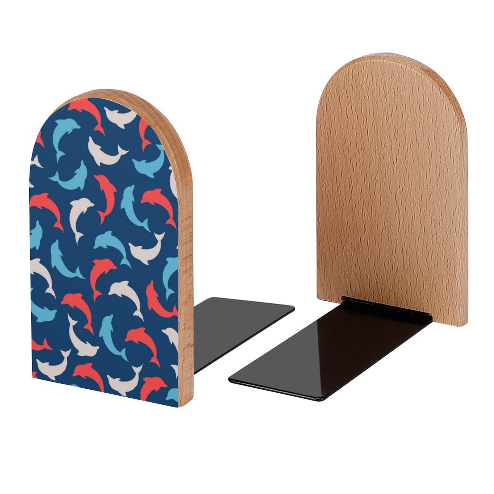 Dolphins Blue Red Pattern Book Ends Decorative Wood Bookends for Shelves Kids Room Desk Home Office Book Stoppers for Magazines,Books, DVDs, 1 Pair/2 Pieces(5x3.1 in)