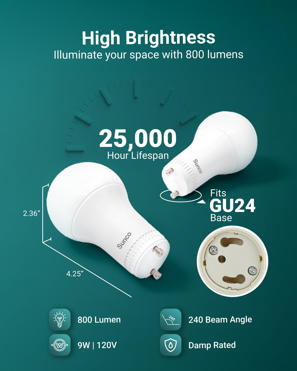Sunco 2 Pack GU24 LED Bulbs 2 Prong A19, CRI91 5000K Daylight, 9W Equivalent 60W, CFL Replacement 800 Lumens, Super Bright Dimmable, Twist & Lock GU24 Pin Base with Two Prongs, Instant On UL