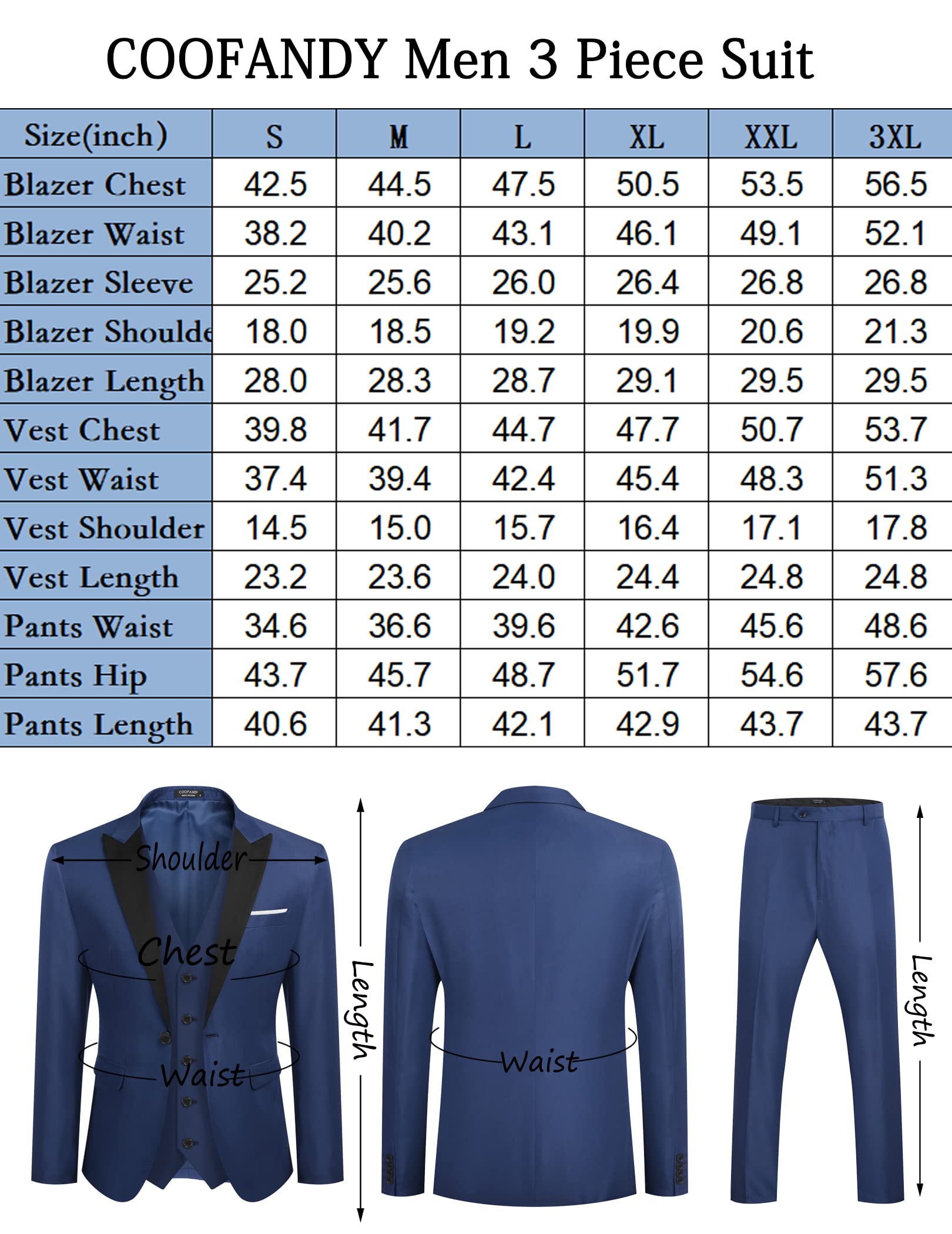 COOFANDY Mens Suits 3 Piece Casual Suit Jacket Regular Fit Tuxedo Set for Wedding Dinner Prom Navy Blue