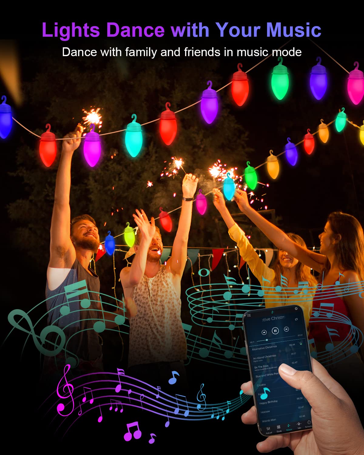 JIMIMORO Smart Outdoor String Lights - 48FT RGB Patio Lights with 20 Dimmable IP65 Waterproof Warm White LED Bulbs APP & Remote Control Patio String Lights for Outside Balcony Backyard Party Cafe B