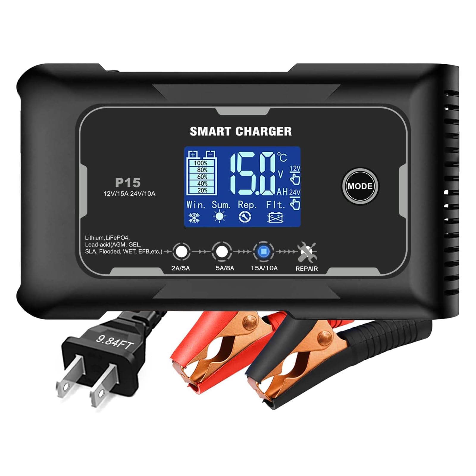 lifepo4 charger 15-Amp Fully-Automatic Smart Charger,12V and 24V Battery Charger,12V/15A 24V/10A Lead-Acid(AGM/Gel/SLA)/Lithium lron LiFePO4 Trickle Charger,Pulse Repair Car Battery Charger,Deep cycle