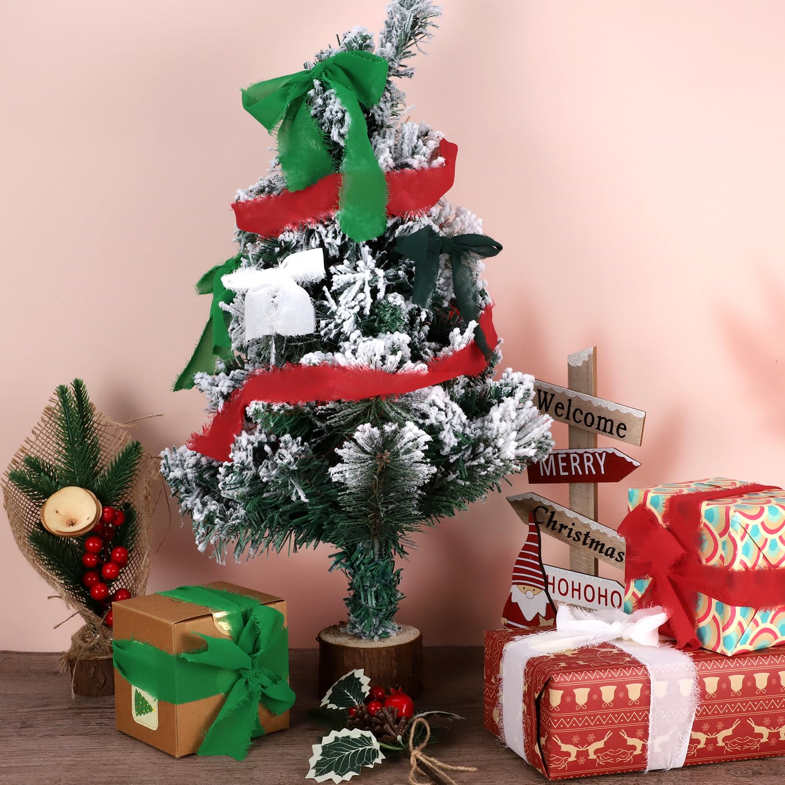 4 Rolls Christmas Ribbons, 1.5" x 32Yds Chiffon Ribbons Handmade Fringe Christmas Chiffon Ribbons for Christmas Gift Wrapping Party DIY Crafts