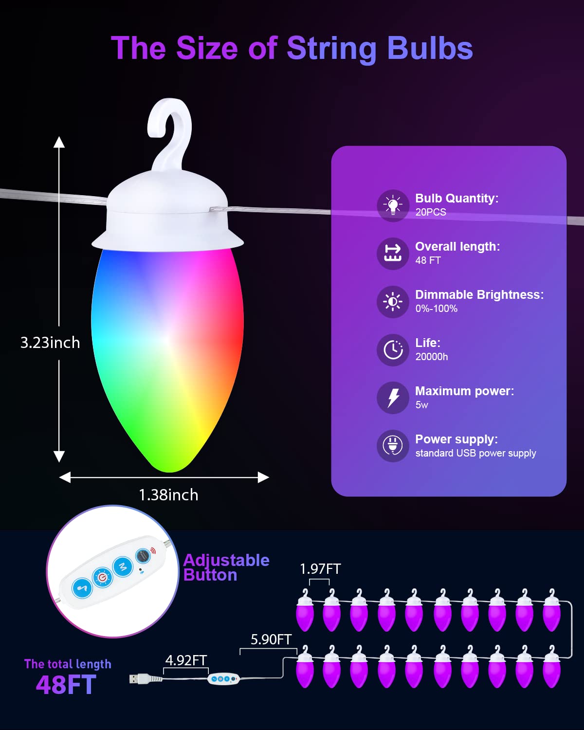 JIMIMORO Smart Outdoor String Lights - 48FT RGB Patio Lights with 20 Dimmable IP65 Waterproof Warm White LED Bulbs APP & Remote Control Patio String Lights for Outside Balcony Backyard Party Cafe B