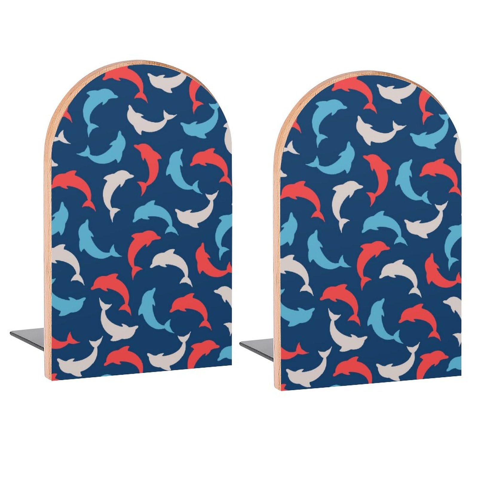 Dolphins Blue Red Pattern Book Ends Decorative Wood Bookends for Shelves Kids Room Desk Home Office Book Stoppers for Magazines,Books, DVDs, 1 Pair/2 Pieces(5x3.1 in)