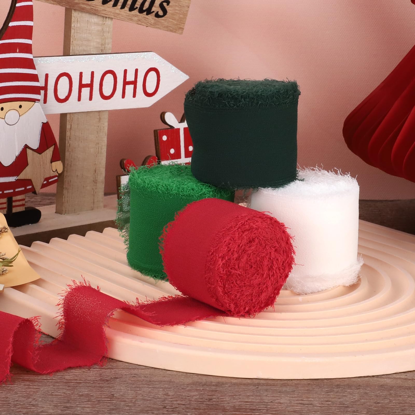 4 Rolls Christmas Ribbons, 1.5" x 32Yds Chiffon Ribbons Handmade Fringe Christmas Chiffon Ribbons for Christmas Gift Wrapping Party DIY Crafts
