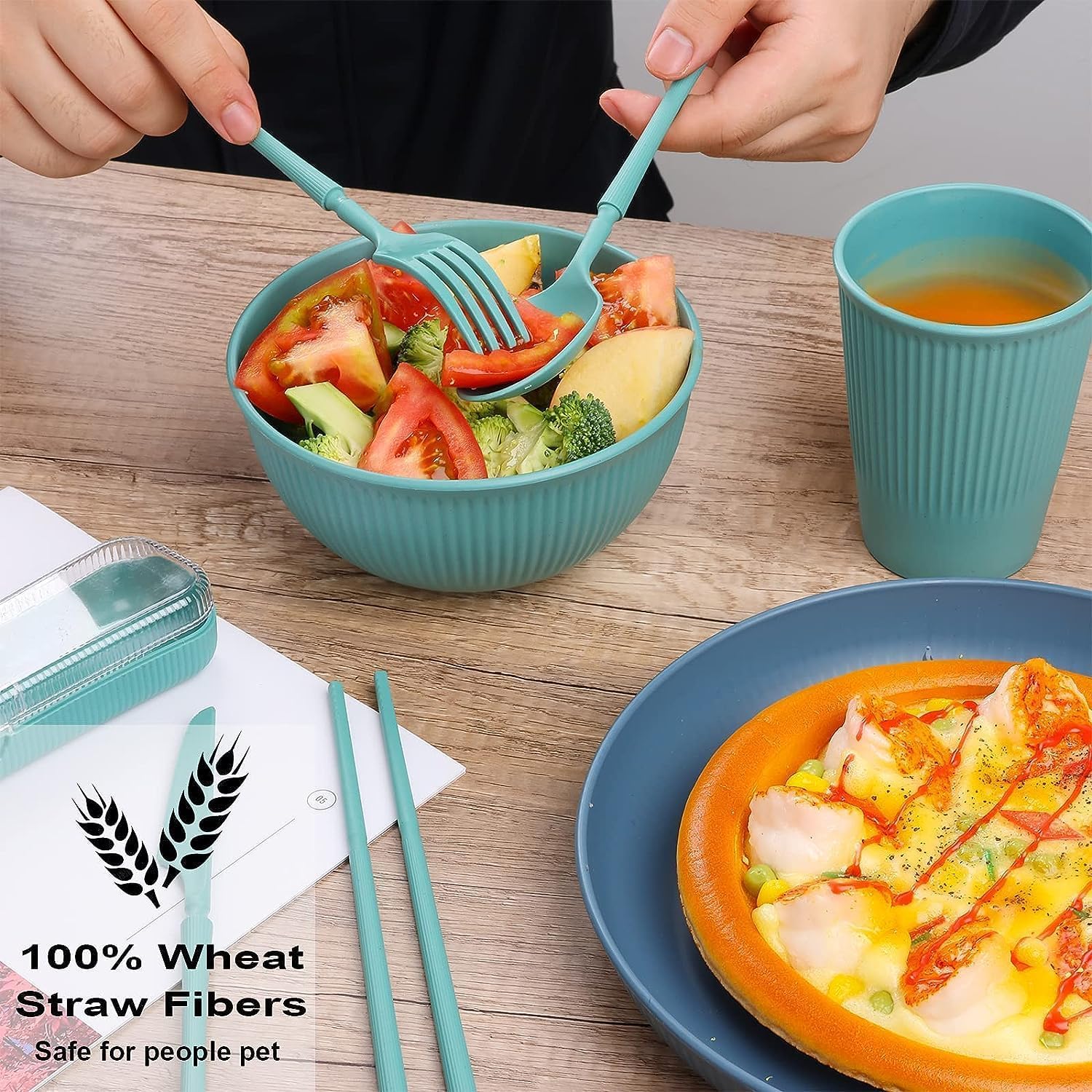 36 Piece Wheat Straw Dinnerware Sets for 4 people, Lightweight and Unbreakable Tableware Sets, Reusable Plates Bowls Cups for Travel Camping,Home Party Cutlery(Dishwasher Microwave Safe)