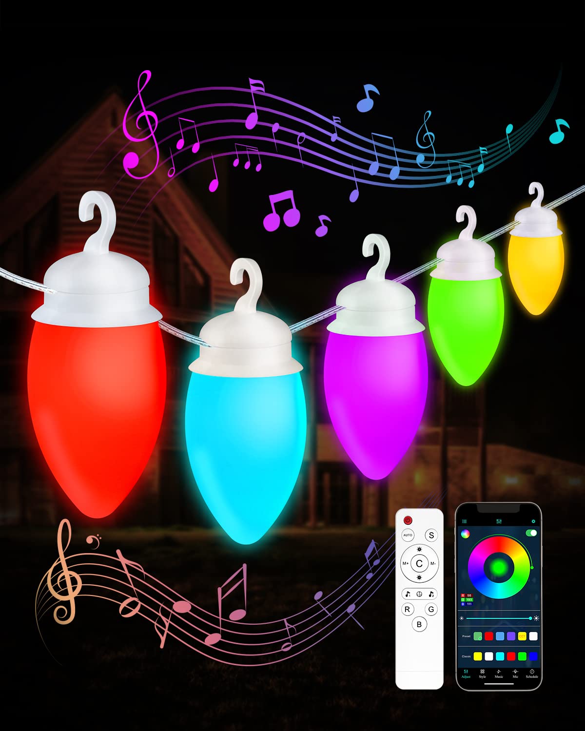 JIMIMORO Smart Outdoor String Lights - 48FT RGB Patio Lights with 20 Dimmable IP65 Waterproof Warm White LED Bulbs APP & Remote Control Patio String Lights for Outside Balcony Backyard Party Cafe B