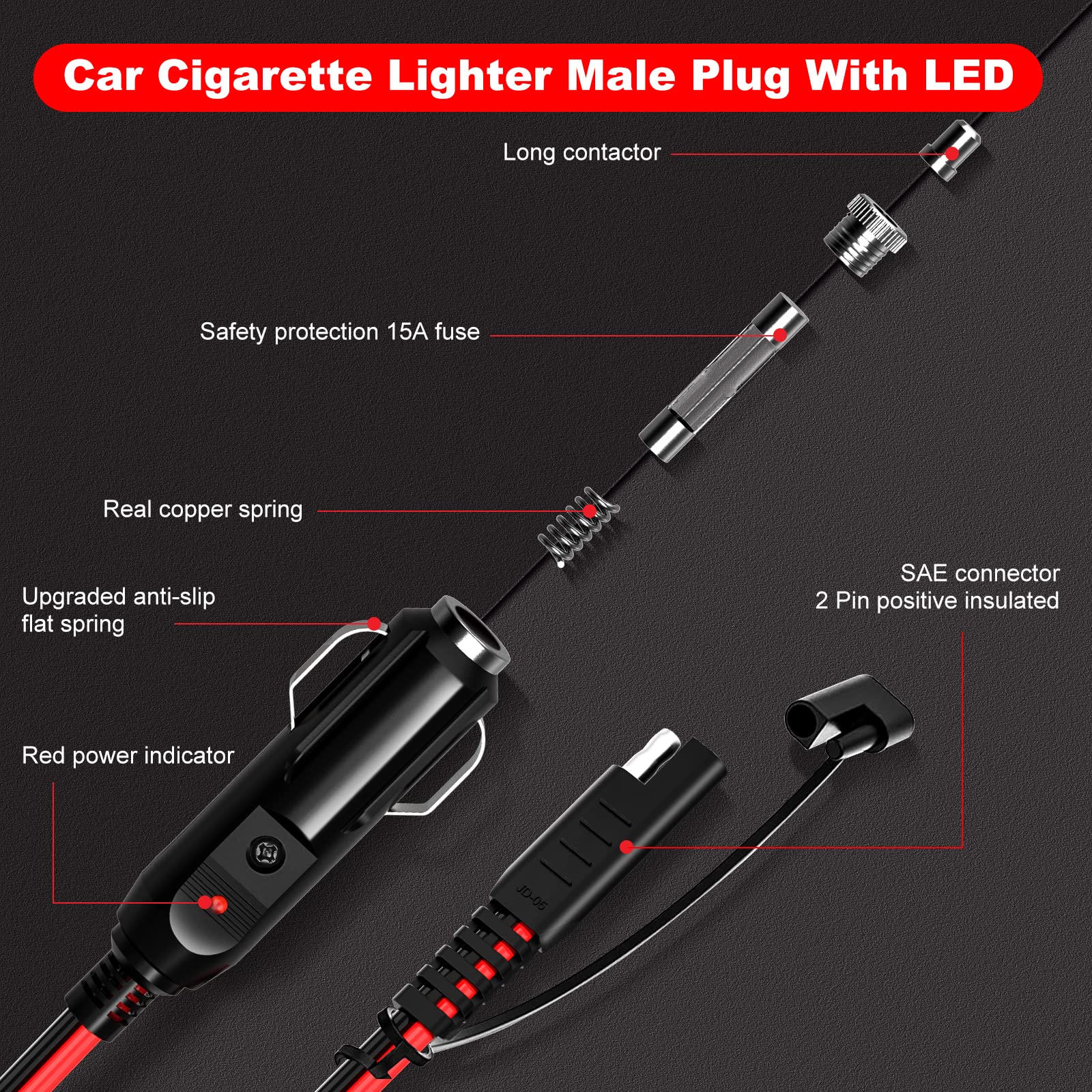 EXTRACTME 10FT Cigarette Lighter SAE Battery Charger Cable, 14AWG 12V Cigarette Lighter Plug to SAE Quick Release Adapter Extension Charging Cable with Fuse and LED Light