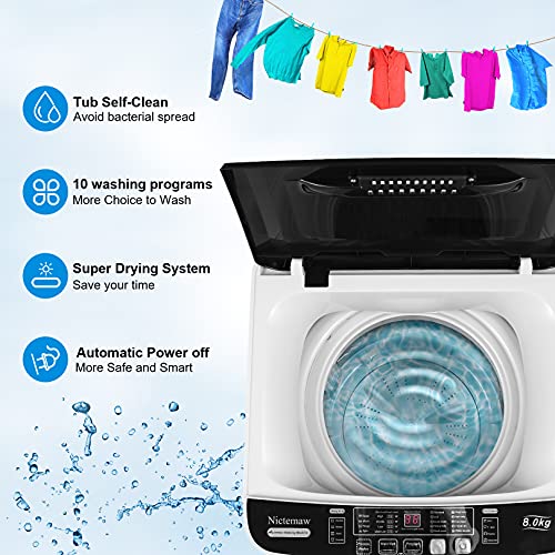 Portable Washer Nictemaw 17.8Lbs Capacity Full-Automatic Washer Machine 1.9 Cu.ft 2 in 1 Compact Laundry Washer with Drain Pump/10 Programs 8 Water Level Selections/LED Display Washer and Dryer Combo for Home,Apartment, Camping