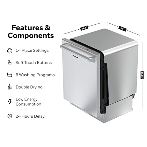 Honeywell 24 Inch Dishwasher with 14 Place settings, 6 Washing Programs, Stainless Steel Tub, UL/Energy Star- Stainless Steel