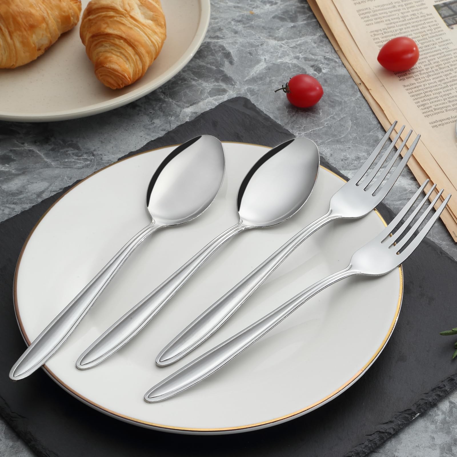24 Pcs Forks and Spoons, Unokit Forks and Spoons Silverware Set, Food Grade Stainless Steel Silverware Set, 12 Dinner Spoons and 12 Dinner Forks, For Home/Kitchen, Mirror Polished and Dishwasher Safe