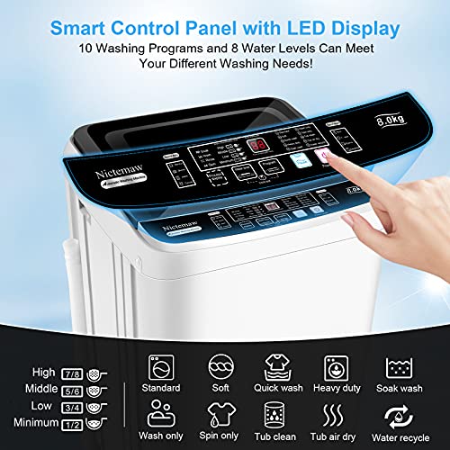 Portable Washer Nictemaw 17.8Lbs Capacity Full-Automatic Washer Machine 1.9 Cu.ft 2 in 1 Compact Laundry Washer with Drain Pump/10 Programs 8 Water Level Selections/LED Display Washer and Dryer Combo for Home,Apartment, Camping