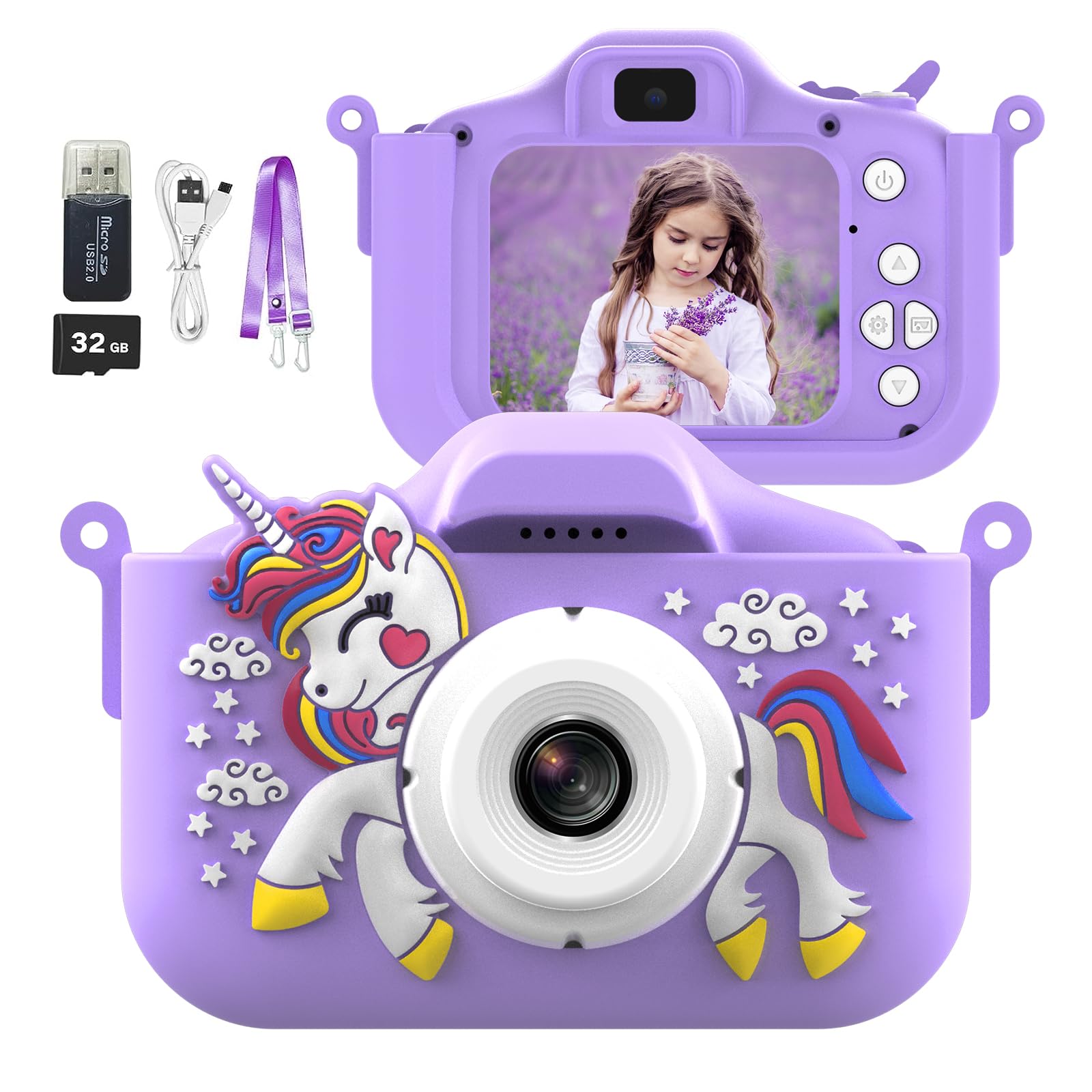 Kids Camera Toddler Camera for Boys & Girls - 1080P HD Selfie Digital Video Camera for Kids with 32GB SD Card - Kids Digital Camera Christmas Birthday Gifts for 3 4 5 6 7 8 9 10 12 Year Old (Purple)