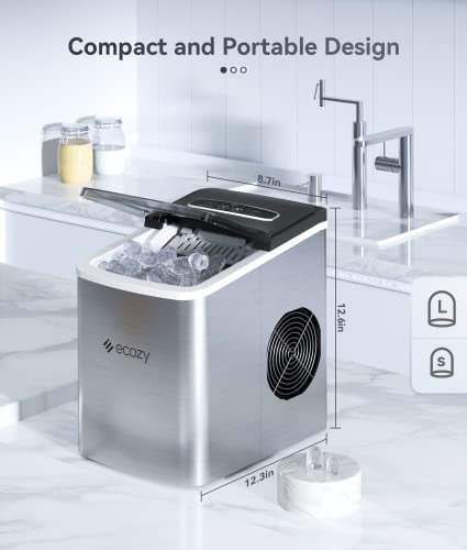 ecozy Portable Ice Maker Countertop, 9 Cubes Ready in 6 Mins, 26 lbs in 24 Hours, Self-Cleaning Ice Maker Machine with Ice Bags/Ice Scoop/Ice Basket for Home Kitchen Office Bar Party, Silver