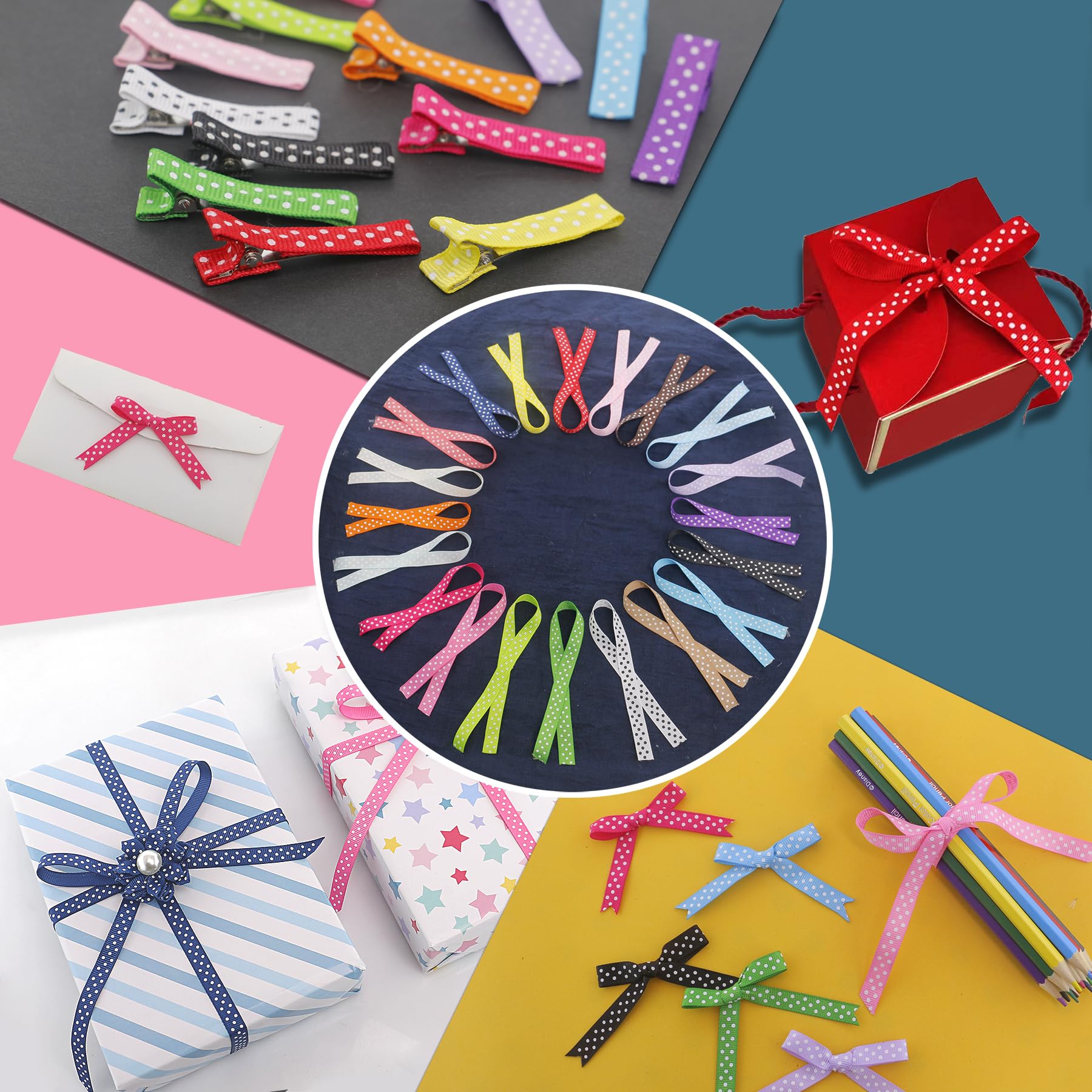 QingHan Grosgrain Ribbons for Crafts Gifts Wrapping 3/8" Boutique Polka Dot Fabric Ribbon 40yd (20 x 2yd)