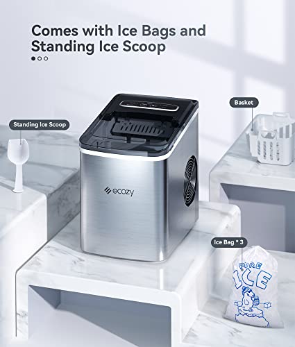ecozy Portable Ice Maker Countertop, 9 Cubes Ready in 6 Mins, 26 lbs in 24 Hours, Self-Cleaning Ice Maker Machine with Ice Bags/Ice Scoop/Ice Basket for Home Kitchen Office Bar Party, Silver