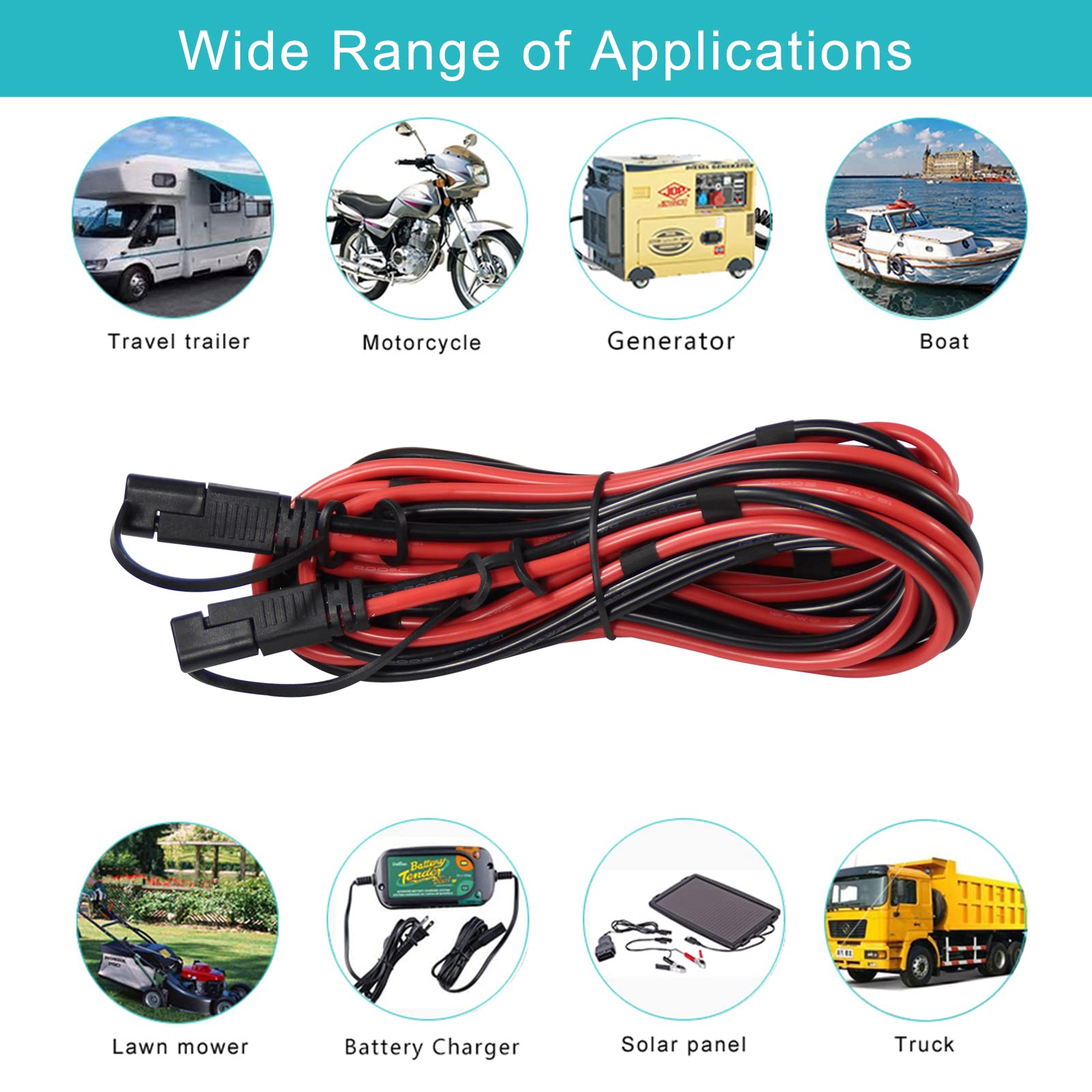 SAE Extension Cable 12AWG - 15FT SAE to SAE Extension Cord, SAE Power Automotive Extension Cable, SAE Connector 2Pin Quick Disconnect Wire Harness for Trolling Motor RV Battery Motorcycle Cars Tractor