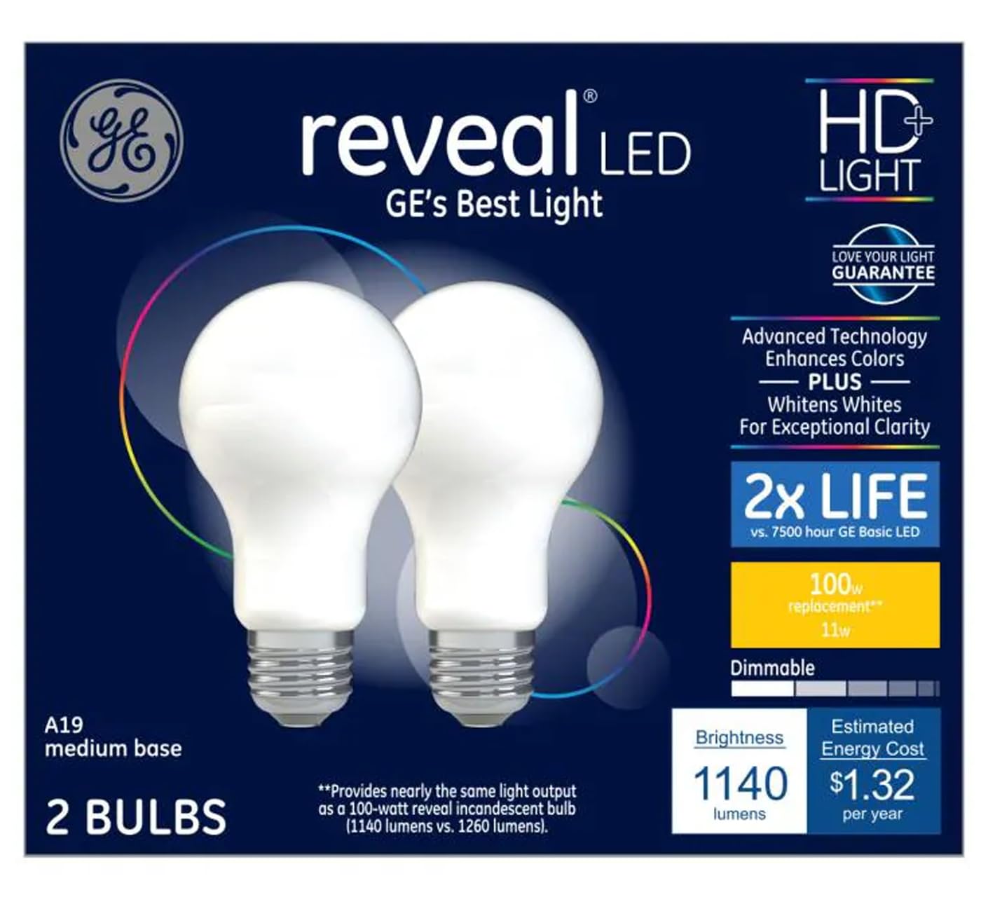 GE Reveal LED 100 watt Equivalent A19 Dimmable HD Light (2 Bulbs)