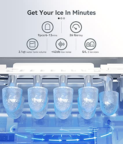 ecozy Portable Ice Maker Countertop, 9 Cubes Ready in 6 Mins, 26 lbs in 24 Hours, Self-Cleaning Ice Maker Machine with Ice Bags/Ice Scoop/Ice Basket for Home Kitchen Office Bar Party, Silver