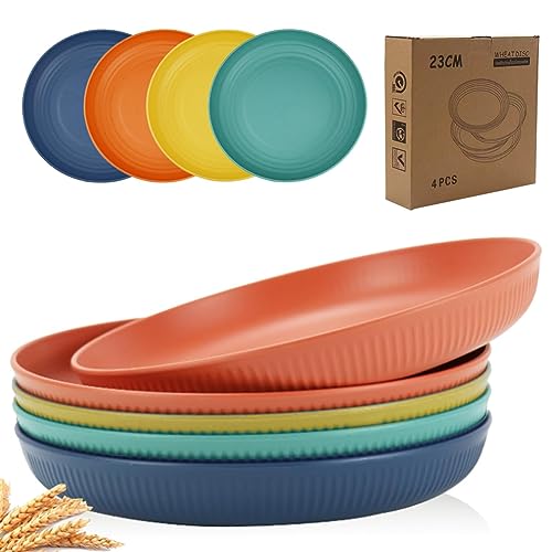 PUPOPIK 9 Inches Unbreakable Wheat Straw Plates - Reusable Plate 4 Set - Dishwasher & Microwave Safe - Dinner Dishes- Healthy BPA Free, Salad Platest - Camping Picnic Plastic Plate for Kids