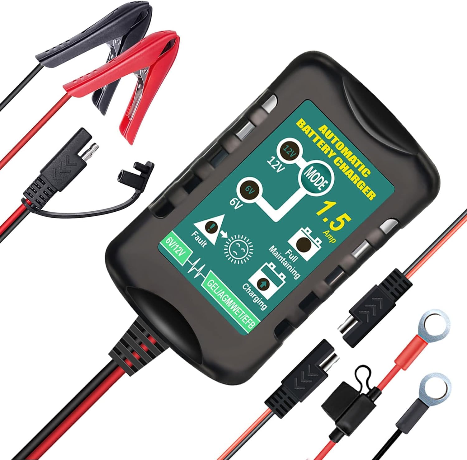 12V / 6V Battery Trickle Charger Maintainer, 1.5A Automatic Smart Float Charger Battery Charger for Motorcycle Lawn Mower Car Boat Tractor ATV, SLA VRLA Gel Cell AGM Lead Acid Batteries