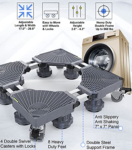Mini Fridge Stand Mobile Base With 4 Locking Refrigerator Wheels And 8 Strong Feet For Washer Dryer Washing Machine Stand Pedestal, Refrigerator Stand, Adjustable Appliance Dolly Square, Moving Roller