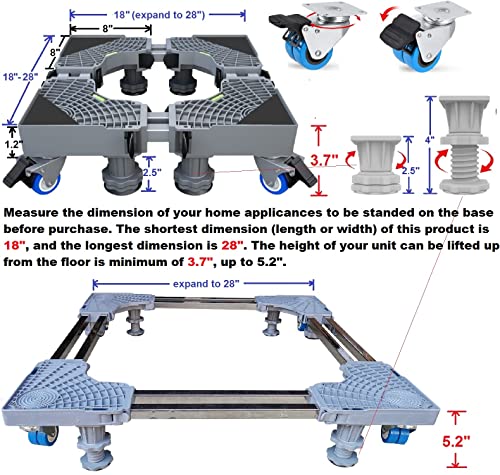 Mini Fridge Stand Mobile Base With 4 Locking Refrigerator Wheels And 8 Strong Feet For Washer Dryer Washing Machine Stand Pedestal, Refrigerator Stand, Adjustable Appliance Dolly Square, Moving Roller