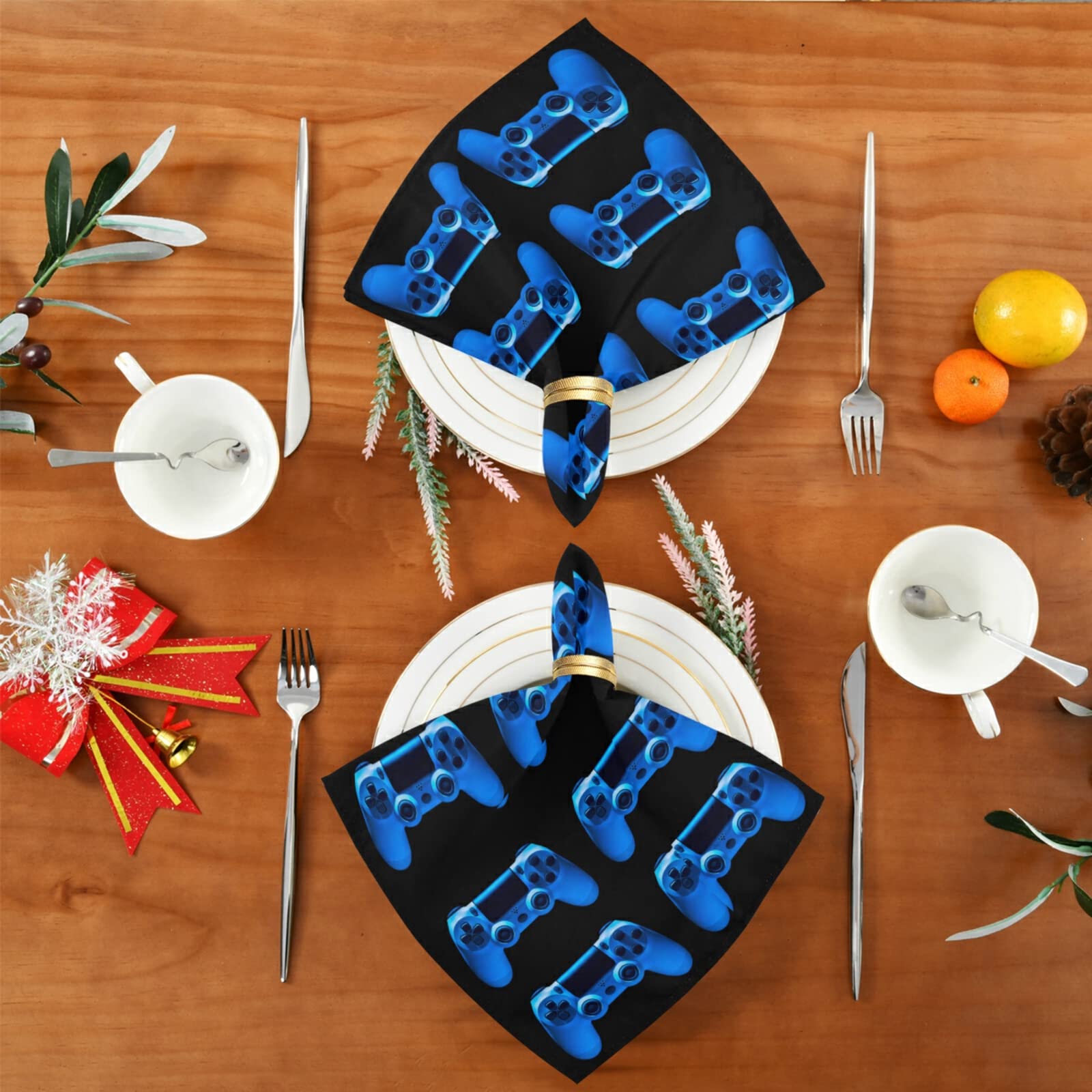 Oyihfvs Video Game Joystick Gamepad in Blue Neon Lights Isolated on Black Cloth Napkin Set of 1,Dinner Napkins Reusable Table Napkin Washable Polyester Fabric for Cocktail Party Holiday Wedding Home