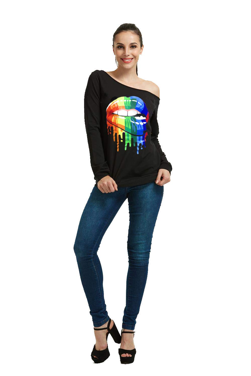 MAGICMK 80s Outfit for Women,Off Shoulder Long Sleeve,80s Outfit Sweatshirt Slouchy Printed Neon Long Tunics Top for Party (4XL)