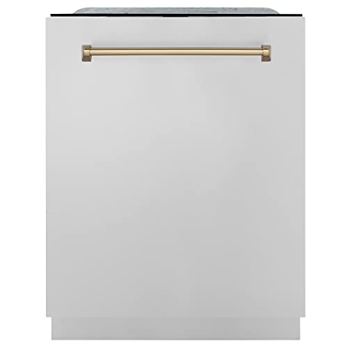 ZLINE Autograph Edition 24" 3rd Rack Top Touch Control Tall Tub Dishwasher in Stainless Steel with Champagne Bronze Handle, 51dBa (DWMTZ-304-24-CB)
