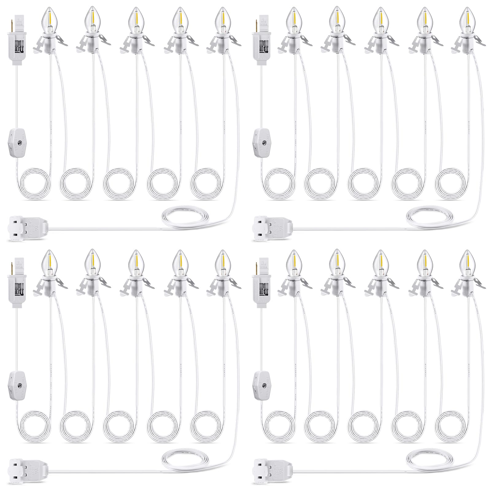 Meonum 4 Pack Christmas Village Light, Light Cord with 5 LED Light Bulb, 12 Ft Accessory Cord with C7 Lamp, Rotary On/Off, Female/Male Plugs, Spare Fuses, C7 Light Cord for Village House Craft Decor