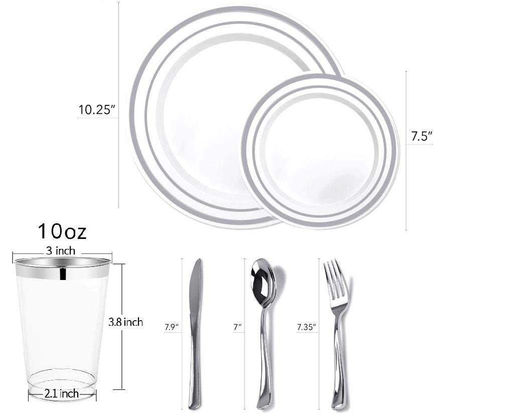 700 Piece Plastic Silver Dinnerware Set - 200 Rim Plates - 300 Silverware - 100 Cups - 100 Linen Like Silver Napkins, 100 Guest Disposable Dinnerware Set