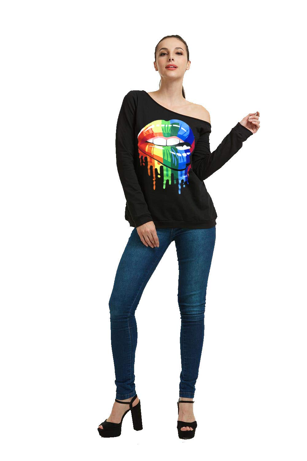 MAGICMK 80s Outfit for Women,Off Shoulder Long Sleeve,80s Outfit Sweatshirt Slouchy Printed Neon Long Tunics Top for Party (4XL)