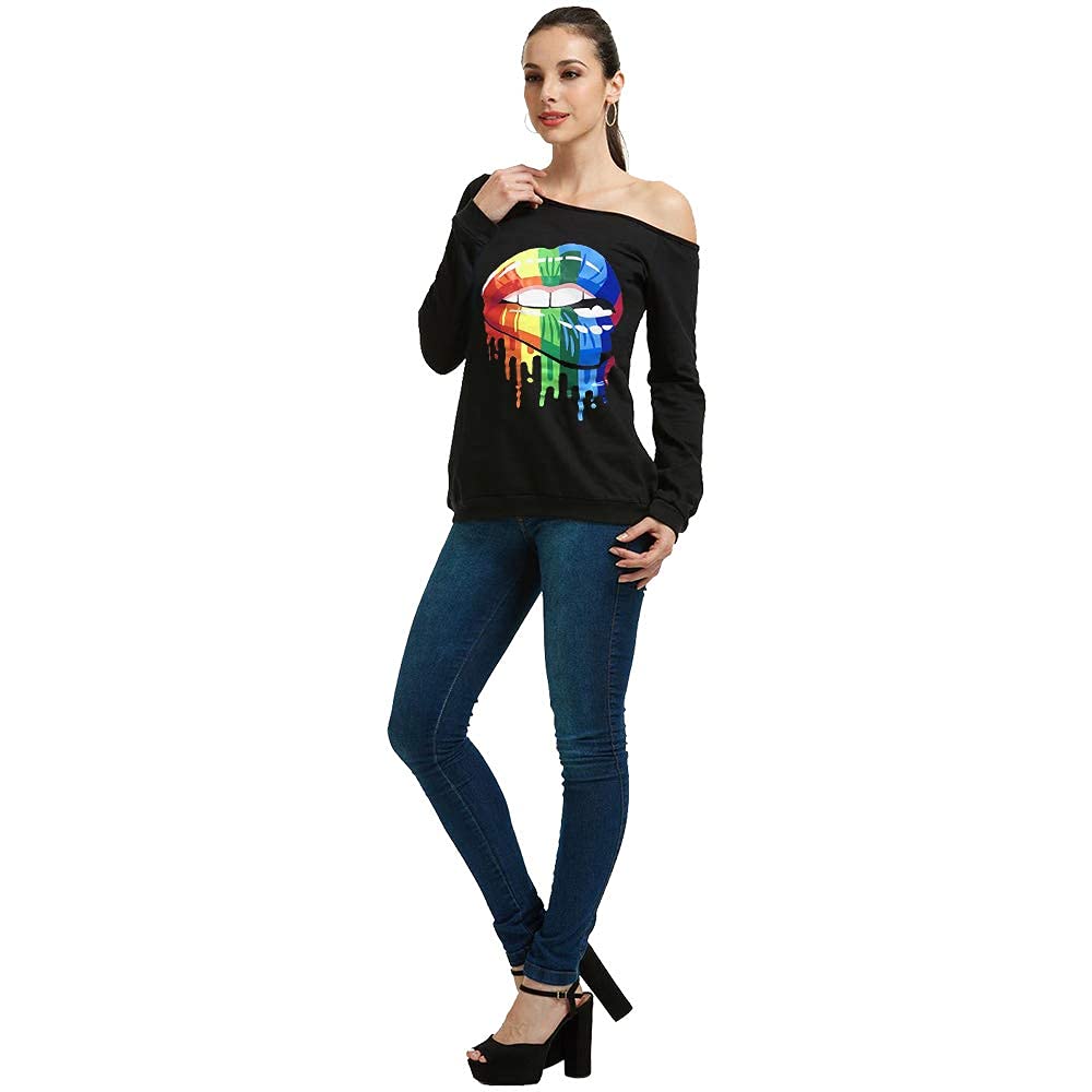 MAGICMK 80s Outfit for Women,Off Shoulder Long Sleeve,80s Outfit Sweatshirt Slouchy Printed Neon Long Tunics Top for Party (4XL)