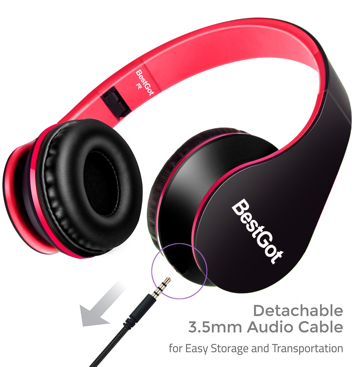BESTGOT Kids Headphones for Kids Boys Over Ear Kids Headphones with Microphone in-line Volume Foldable Headphones with 3.5mm Plug Removable Cord (Black/Red)