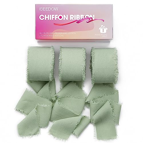 IBEEDOW 1.5" x 36Yd Chiffon Ribbon 3 Rolls Sage Green Handmade Fringe Chiffon Silk Ribbon Set for Gifts Wrapping, Wedding Invitations, Bridal Flower Bouquets Decoration, DIY Crafts(Each Roll 12Yd)