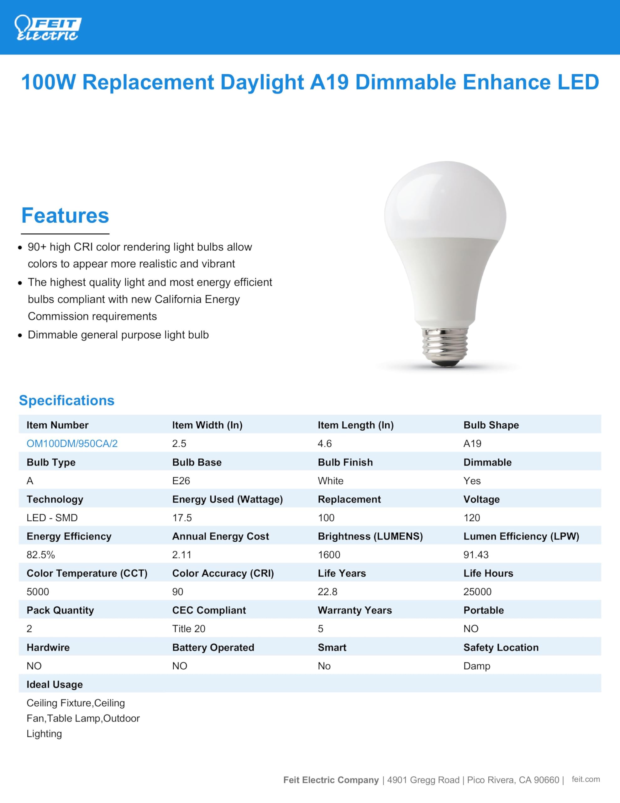Feit Electric A19 100W Equivalent LED Light Bulbs, Dimmable, 5000k Daylight, 1600 Lumens, 22 Year Lifetime, E26 Base, CRI 90, UL Listed, Damp Rated, 2 Pack, OM100DM/950CA/2