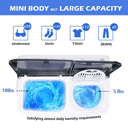 Homguava Portable Washing Machine 15Lbs Capacity Washer and Dryer Combo 2 In 1 Mini Compact Twin Tub Washing Machine Laundry Washer(10Lbs) & Spinner(5Lbs) with Built-in Gravity Drain Pump,Low Noise and Easy Store for Apartment,Dorms,RV Camping (black+whit
