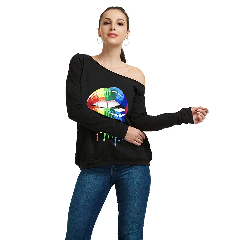 MAGICMK 80s Outfit for Women,Off Shoulder Long Sleeve,80s Outfit Sweatshirt Slouchy Printed Neon Long Tunics Top for Party (4XL)
