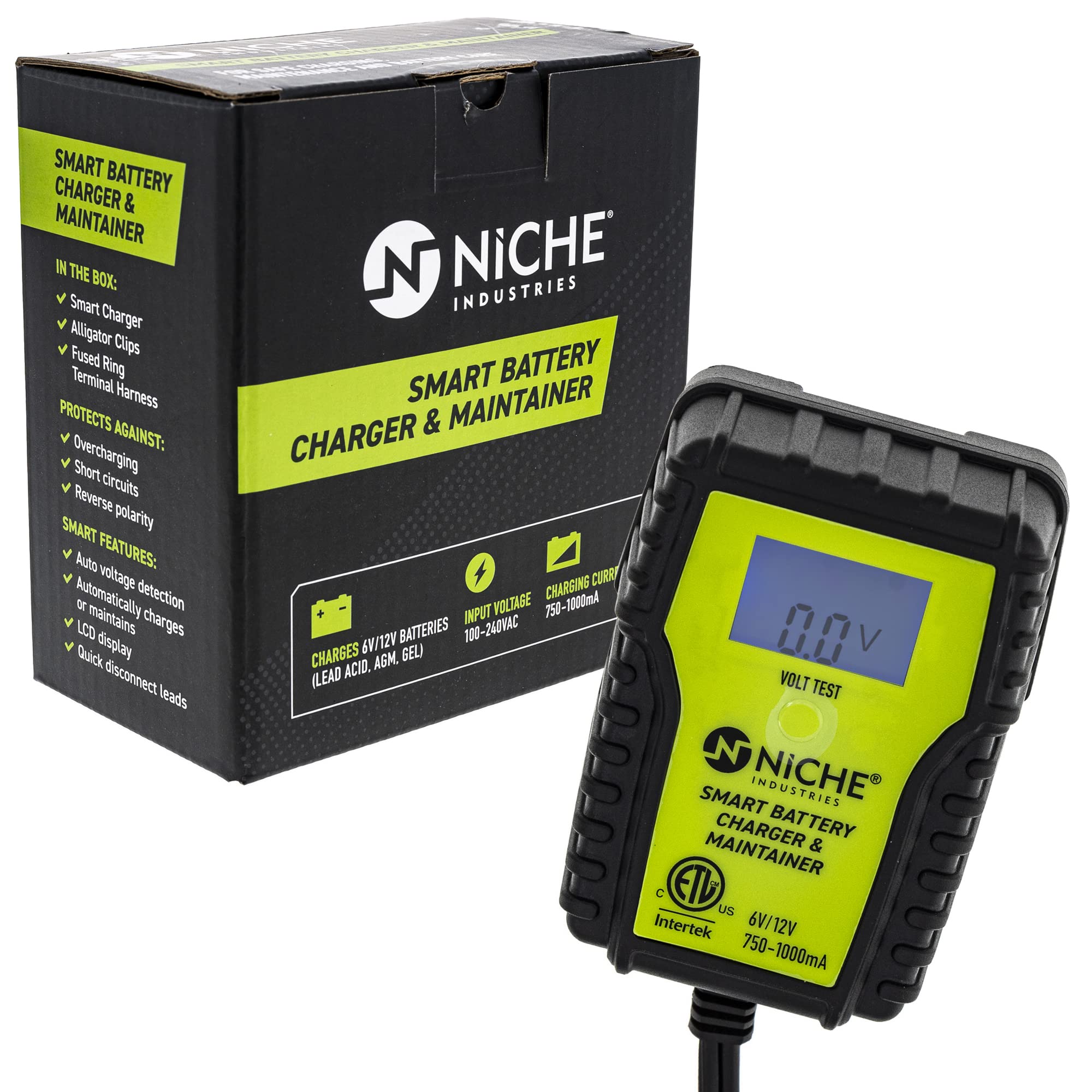 NICHE 1-Amp Fully-Automatic LCD Smart Battery Charger 6V/12V Trickle Maintainer for Motorcycle Car Truck UTV ATV Boat