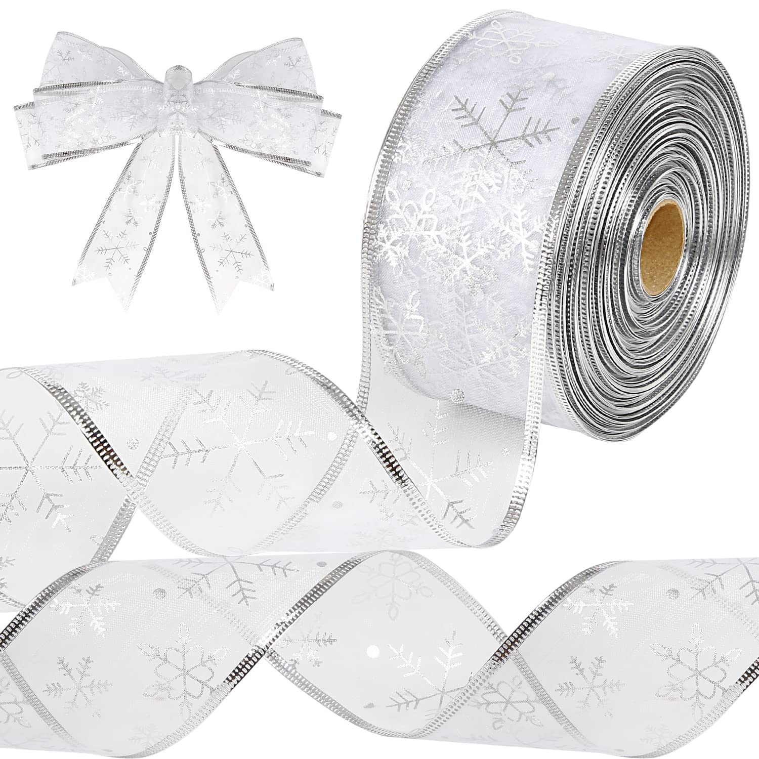 CCINEE Snowflake Christmas Organza Ribbon 2.5"X 50 Yards Silver Snowflake Wired Sheer Glitter Ribbon for Xmas Tree Decor Gift Wrapping Craft Party Decoration