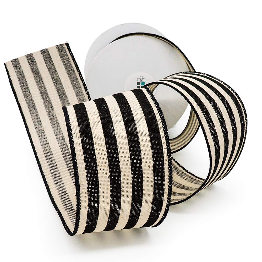 CT CRAFT LLC Striped Canvas Cotton Ribbon 2.5" x 10 Yards Ivory/Black Stripes for Thanksgiving Christmas Home Décor Gift Wrapping Outdoor Tree Topper Bow Wreath