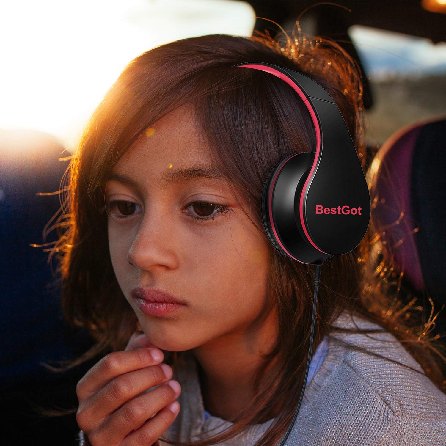 BESTGOT Kids Headphones for Kids Boys Over Ear Kids Headphones with Microphone in-line Volume Foldable Headphones with 3.5mm Plug Removable Cord (Black/Red)