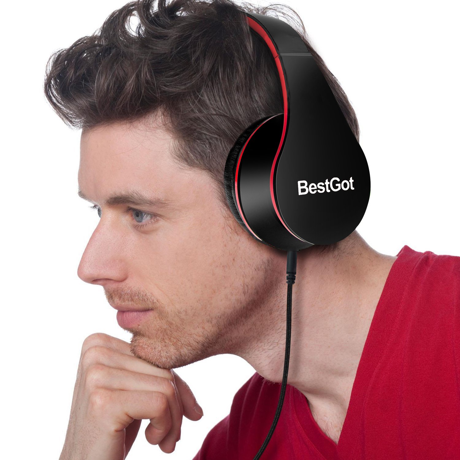 BESTGOT Kids Headphones for Kids Boys Over Ear Kids Headphones with Microphone in-line Volume Foldable Headphones with 3.5mm Plug Removable Cord (Black/Red)