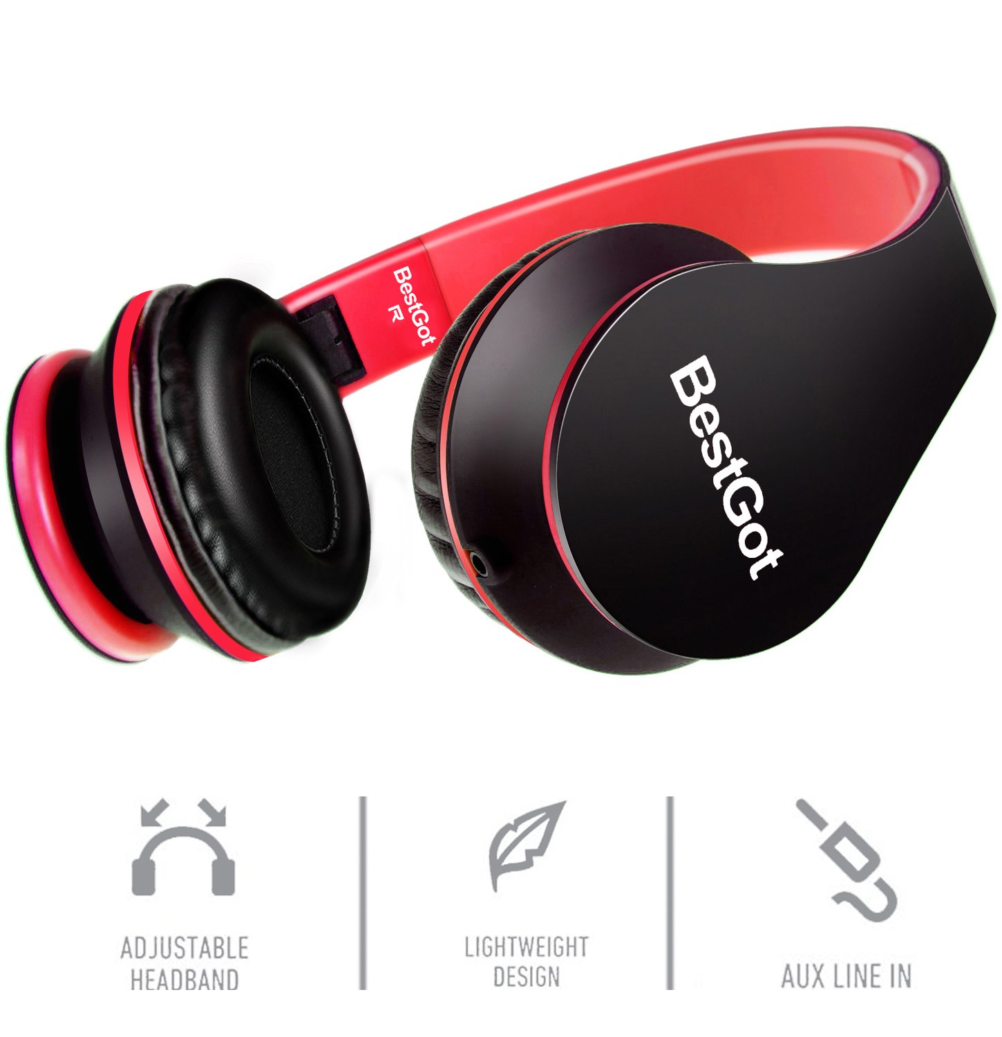 BESTGOT Kids Headphones for Kids Boys Over Ear Kids Headphones with Microphone in-line Volume Foldable Headphones with 3.5mm Plug Removable Cord (Black/Red)