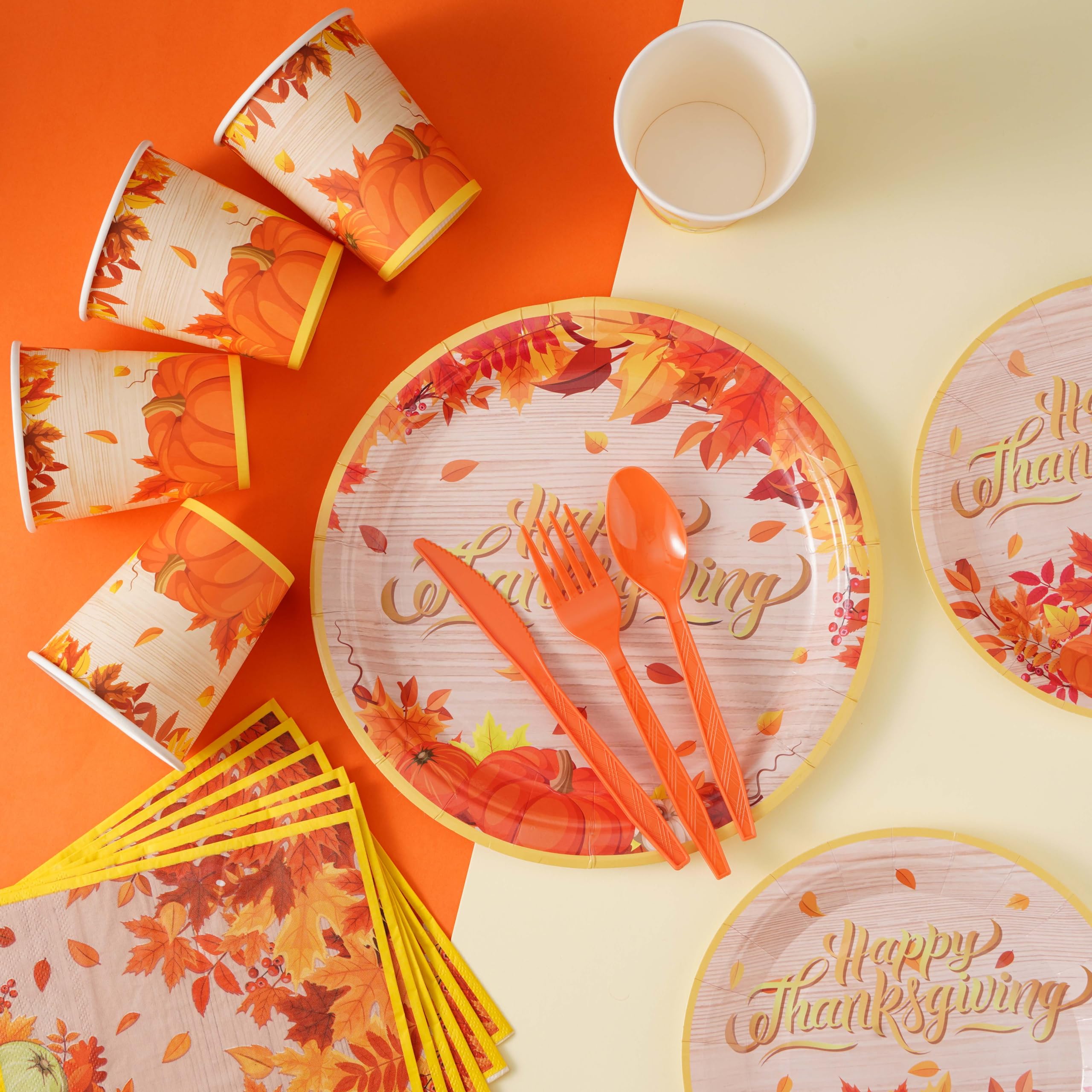 Grencian 175Pcs Thanksgiving Paper Plates and Napkins Set Thanksgiving Party Supplies Happy Thanksgiving Fall Leaves Disposable Dinnerware Set for Thanksgiving Theme Party, Serves 25