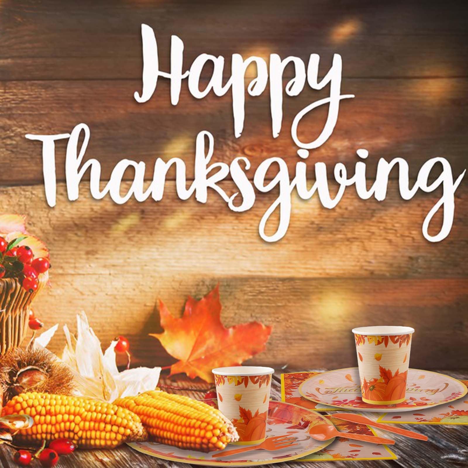 Grencian 175Pcs Thanksgiving Paper Plates and Napkins Set Thanksgiving Party Supplies Happy Thanksgiving Fall Leaves Disposable Dinnerware Set for Thanksgiving Theme Party, Serves 25
