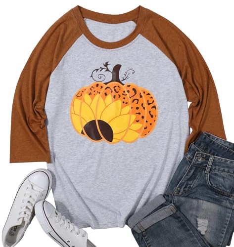 MYHALF It's Fall Y'all Shirts Women Funny Pumpkin Graphic Tee Tops 3/4 Sleeve Fall Raglan Tee (Brown-3, XXL)