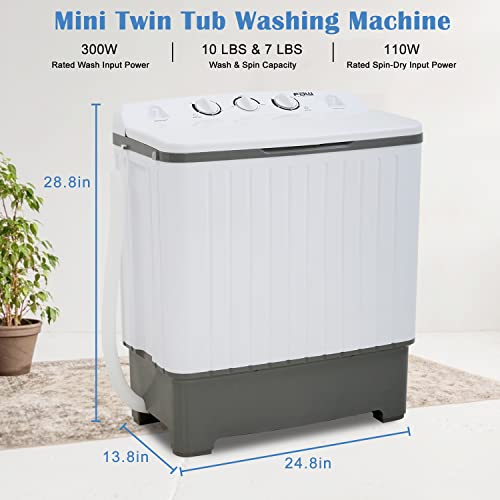 Portable Washing Machine, Mini Twin Tub Laundry Machine lavadora 17lbs Capacity (10lbs Washing & 7lbs Spinning), Portable Washer and Dryer Combo for Apartments, Dorms, with Inlet & Drain Hose, White